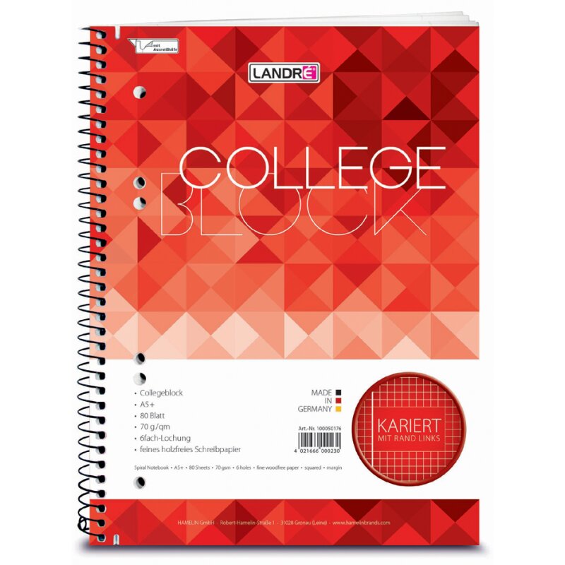 LANDRÉ Collegeblock "College" DIN A5 kariert 80 Blatt, 2,20