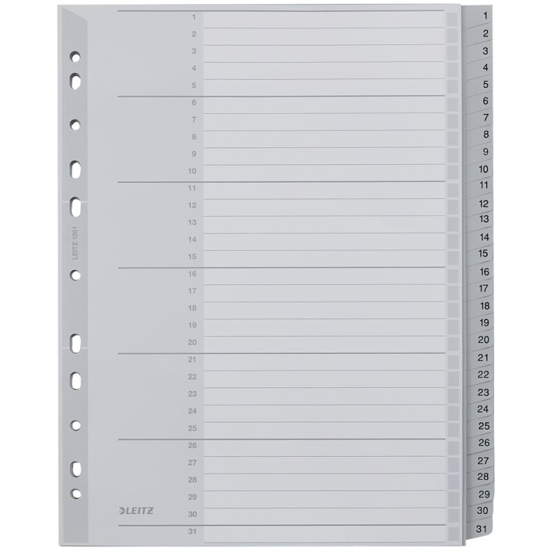 LEITZ Kunststoff Register Zahlen A4 Überbreite 1-31 grau, 5,82
